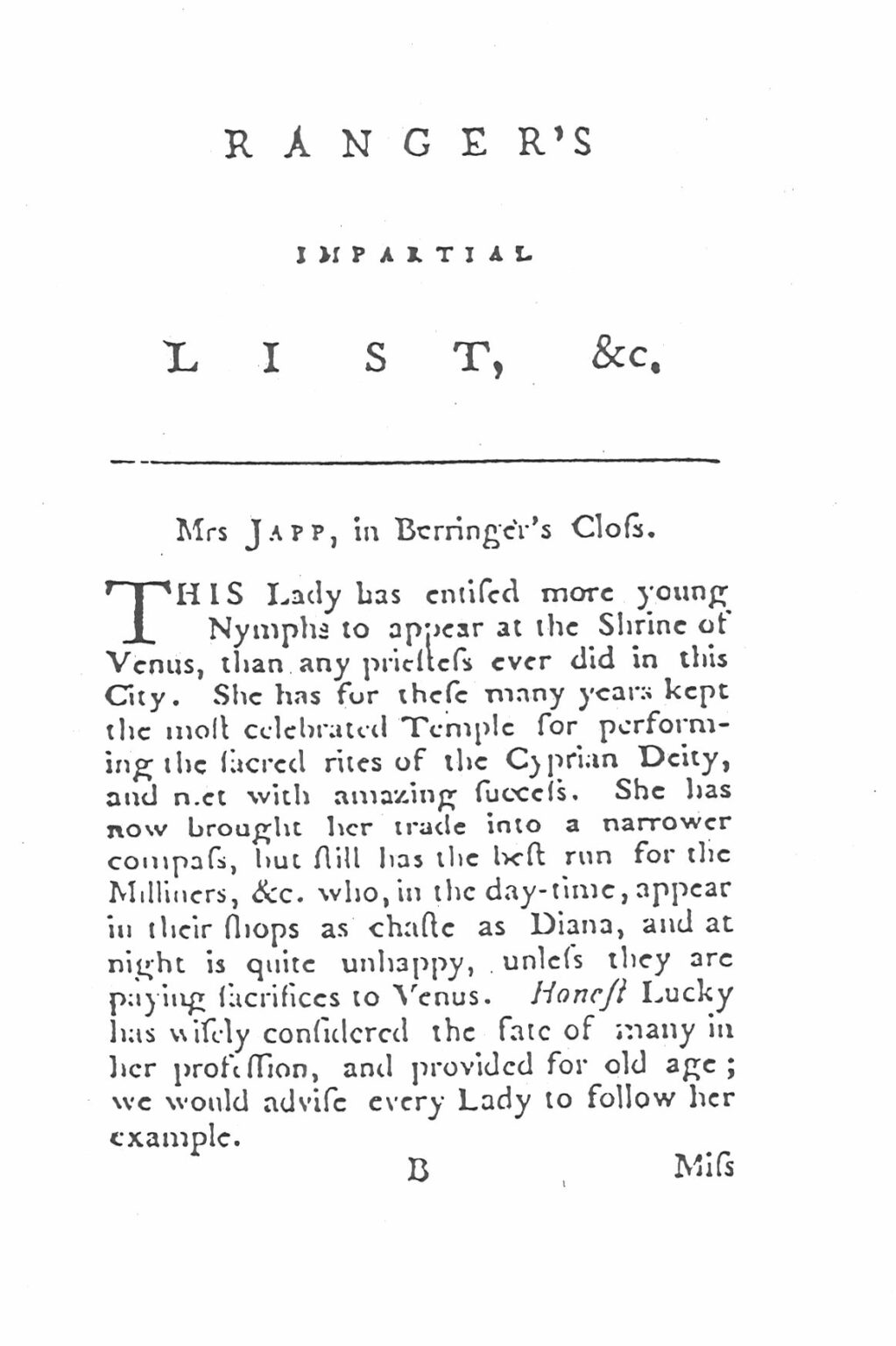 Ranger's Impartial List of the Ladies of Pleasure, &c. - Kings Arms Press